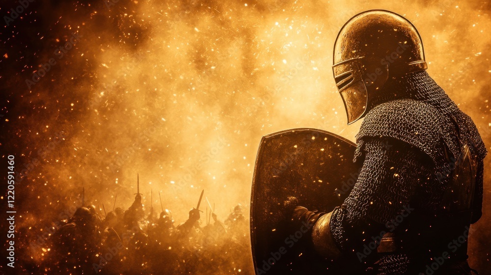 Soldier in armor with a helmet, holding his shield and ready to fight ...