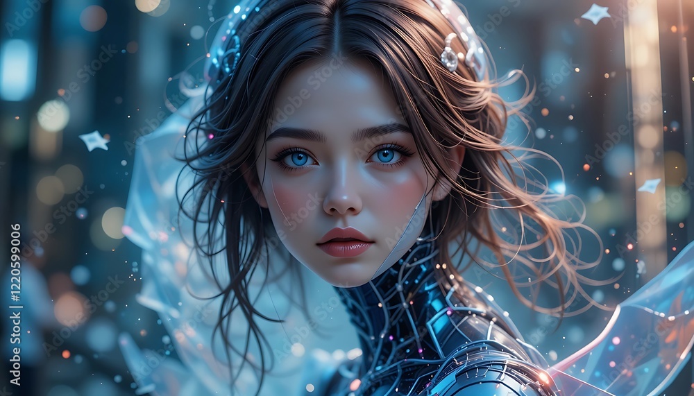 Stunningly beautiful cyborg girl with bright blue eyes and flowing ...
