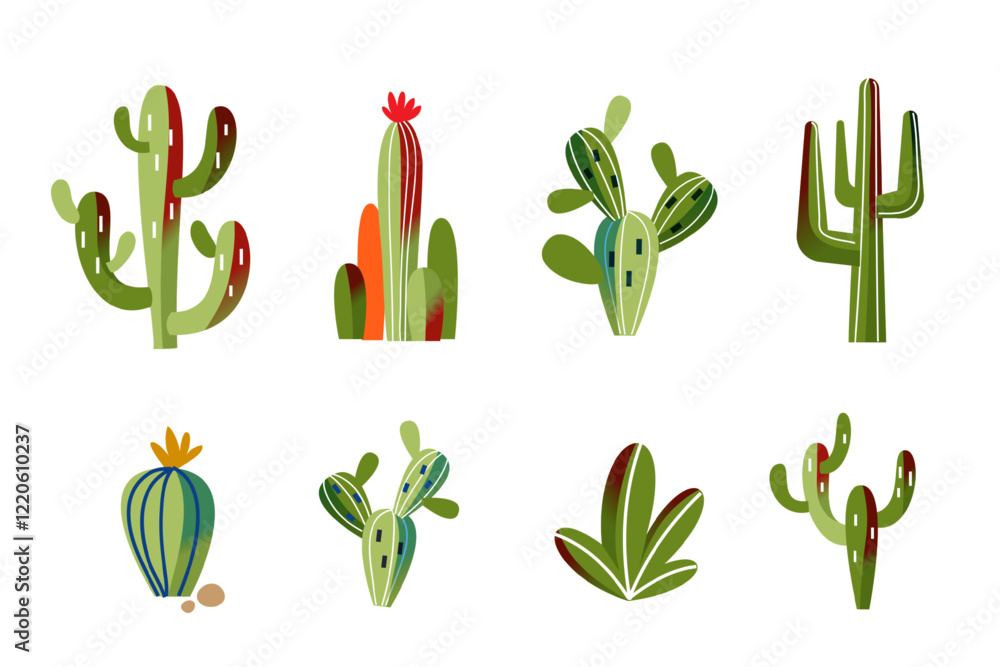 Cactuses Collection Traditional Deserts Plants Wild West Cacti Set