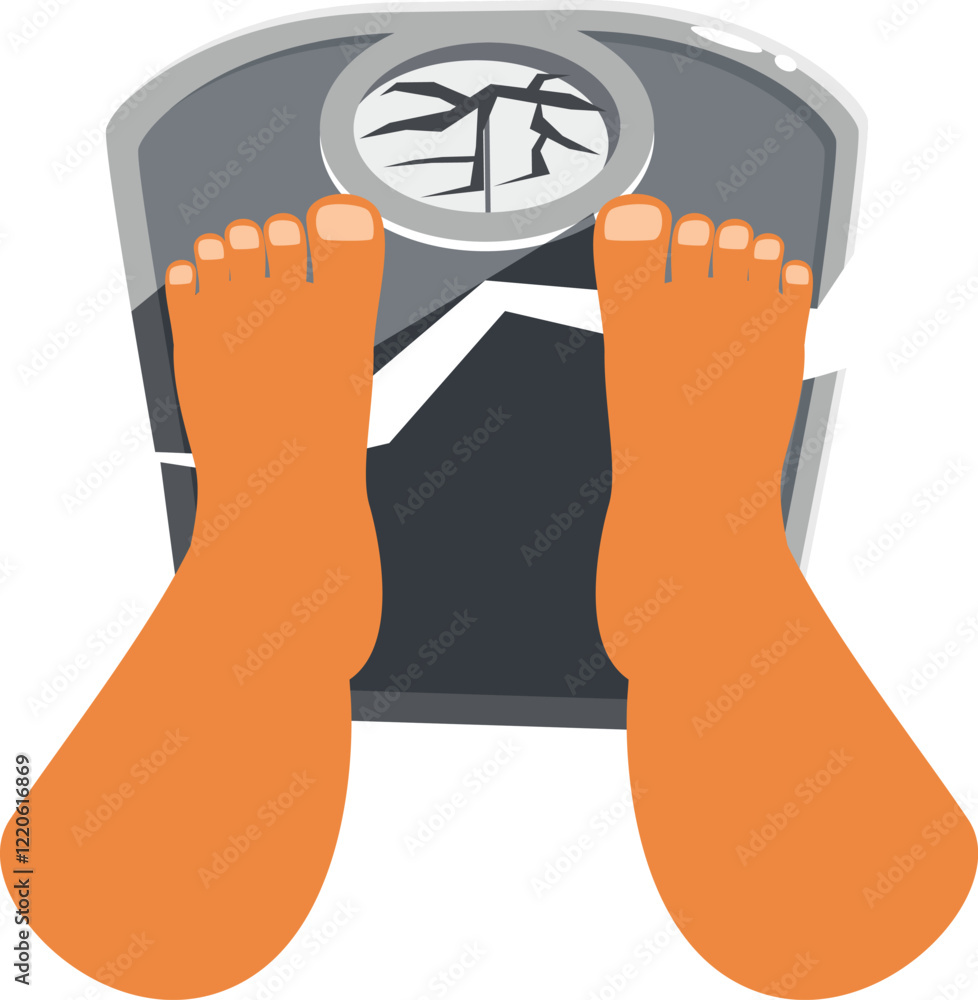 Bare feet standing on a broken weighing scale, symbolizing excessive ...