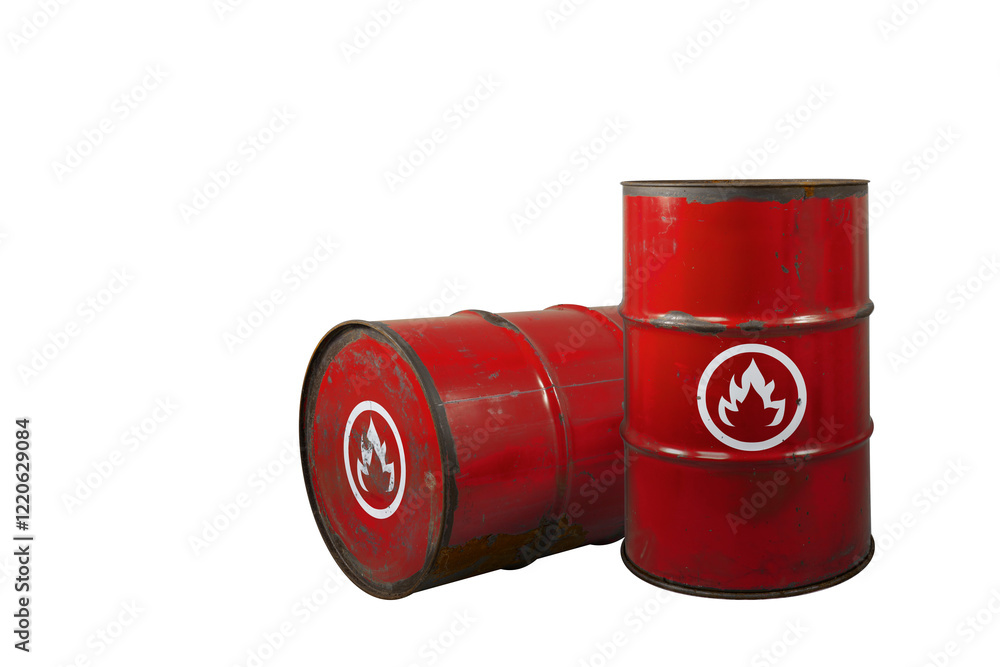 Red barrel or oil-drums with a flammable sign. Rusty dangerous barrel ...