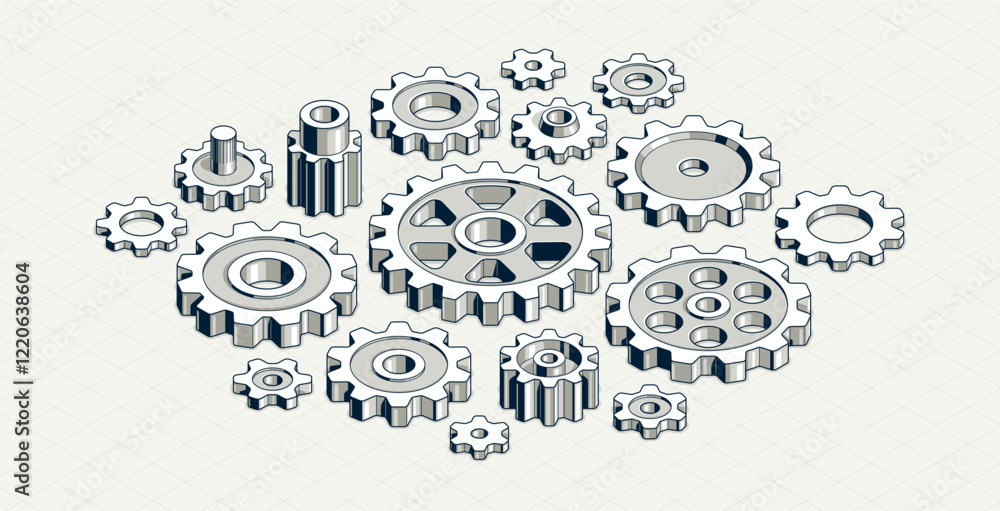 Metallic gears set vector 3D isometric illustration, steel cogs and ...