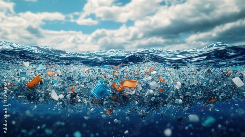 microplastic particle interacting with plankton in the ocean, showing ...