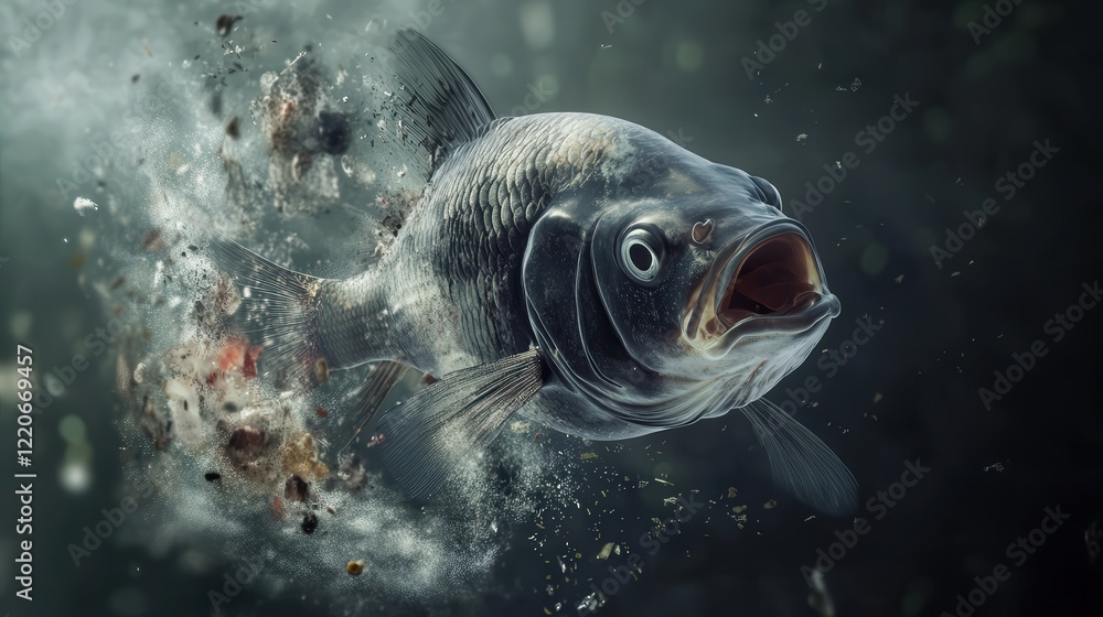 microplastic particle being consumed by a fish and moving through its ...