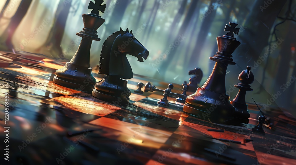 3D rendering of a chessboard in a surreal forest setting. Dark chess ...