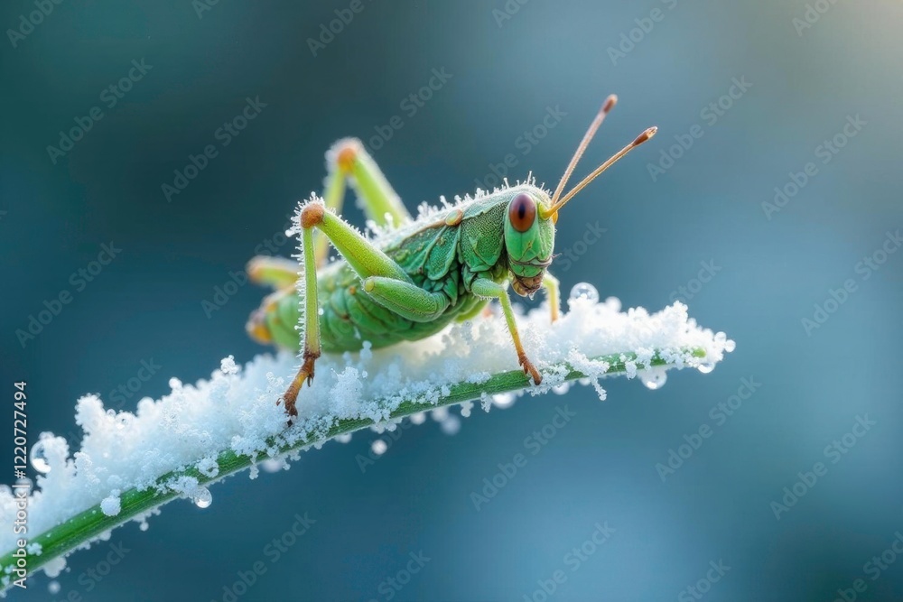 Frozen grasshopper-like ice crystals forming miniature leaves on a frosted blade, snowy ...