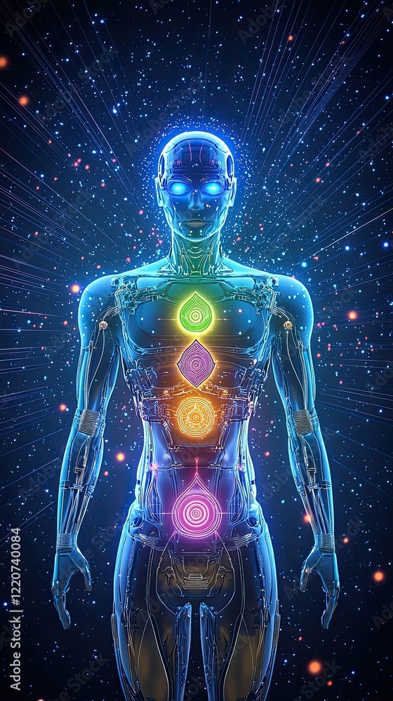 Chakra Sci-Fi Motion, Futuristic Human Figure with Colorful Chakras in ...