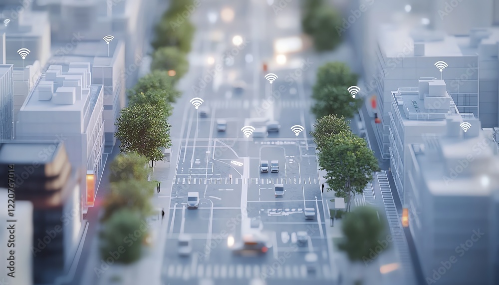 Connected smart city network, WiFi icons embedded in the cityscape ...