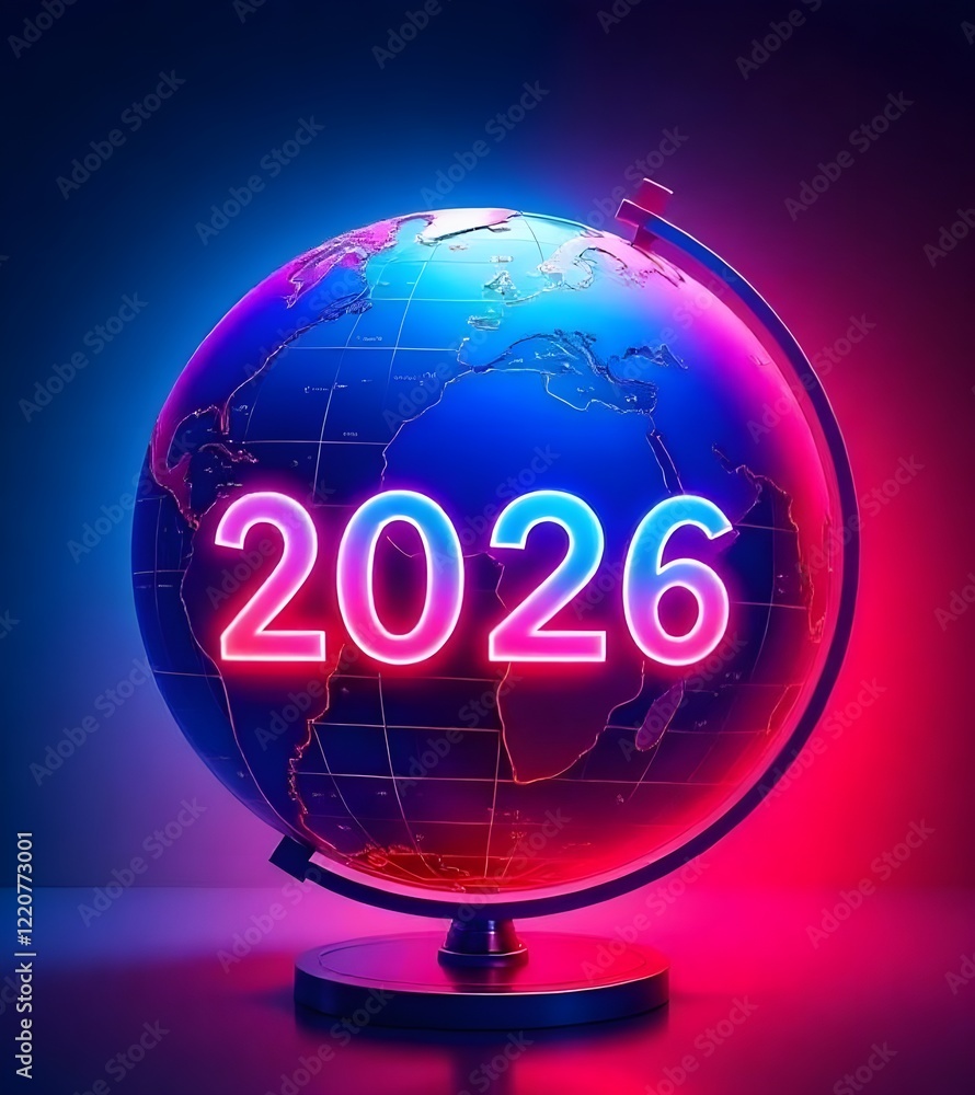 neon 2026 with Abstract background closeup bright shiny neon earth ...