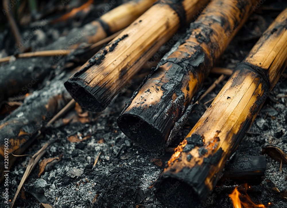 Bamboo burned to ashes, bamboo trunks and burnt leaves on the ground ...