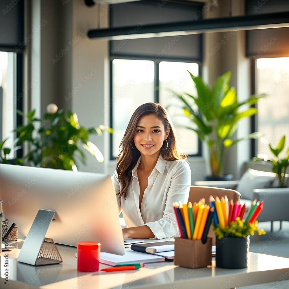 He generado una imagen de una hermosa mujer hispana trabajando en una oficina. Es la imagen de ...
