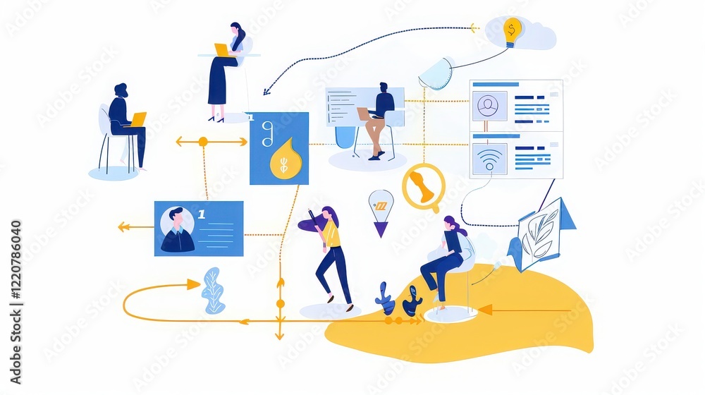 Business manager organizing a series of milestones on a visual map to ...