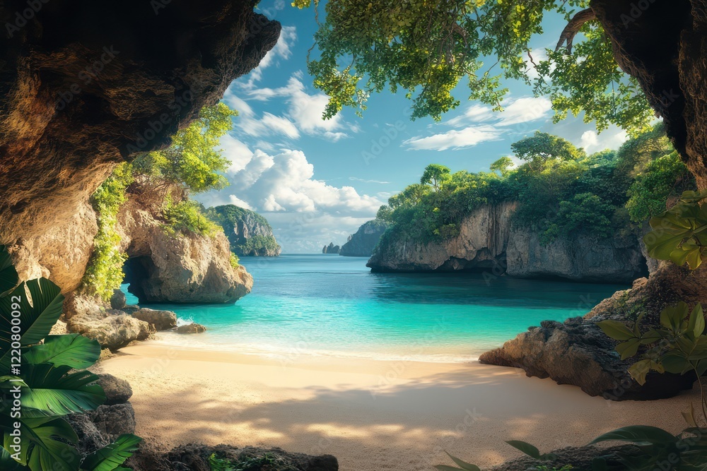 A secluded tropical cove with golden sands and azure waters under a ...