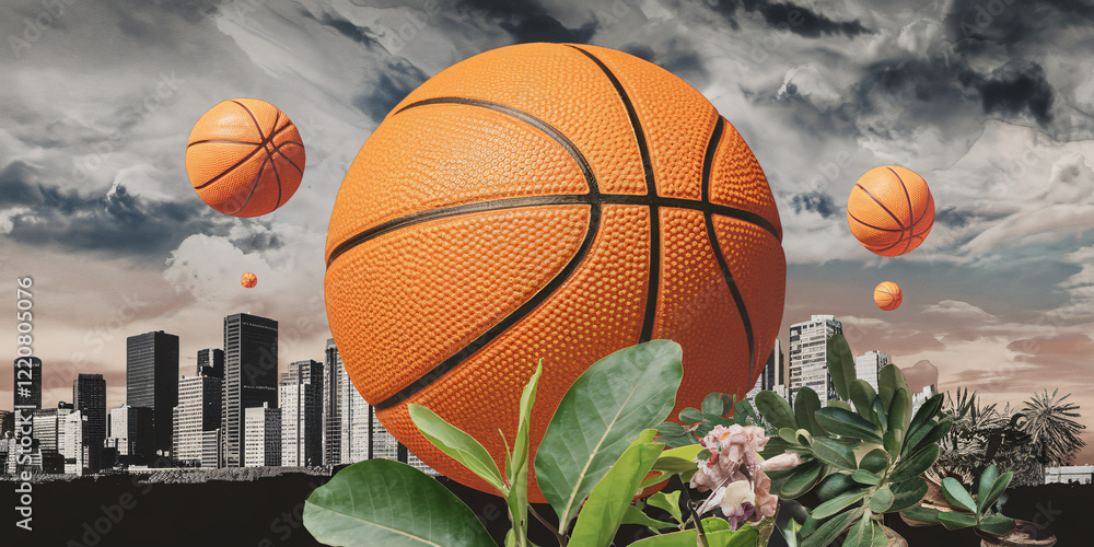 Urban Basketball Dreamscape. A surreal digital collage featuring ...