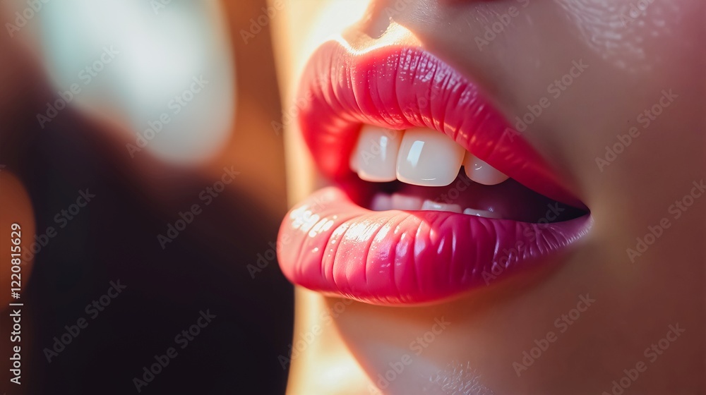 Red Lip Surprise, Close-up shot of a woman's red lips parted in surprise, revealing her teeth ...