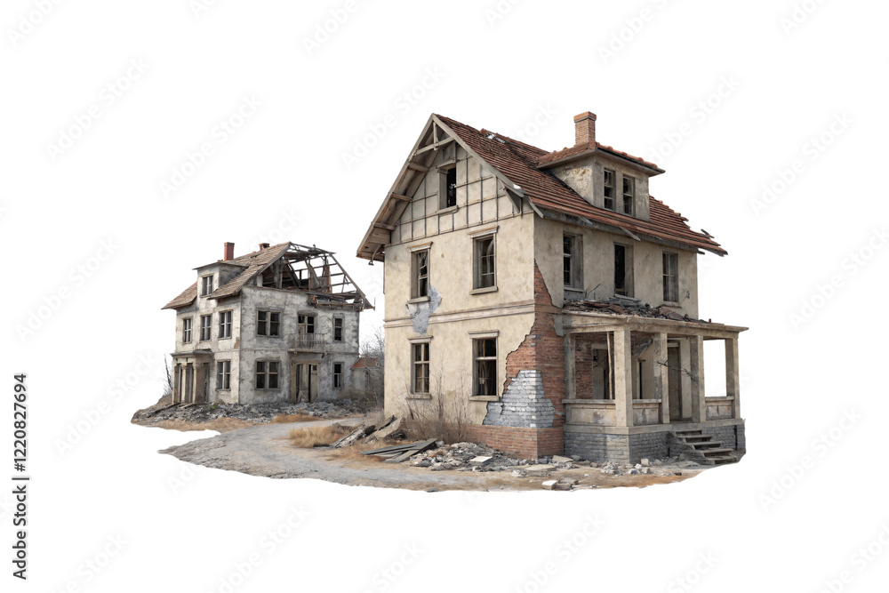 Two dilapidated houses with crumbling walls, shattered windows, and ...