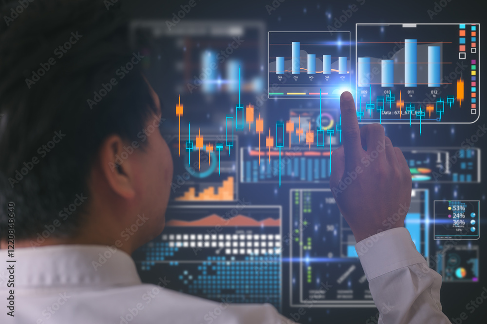 The back view of Businessman analyst data charts DevOps concept, software development, IT ...