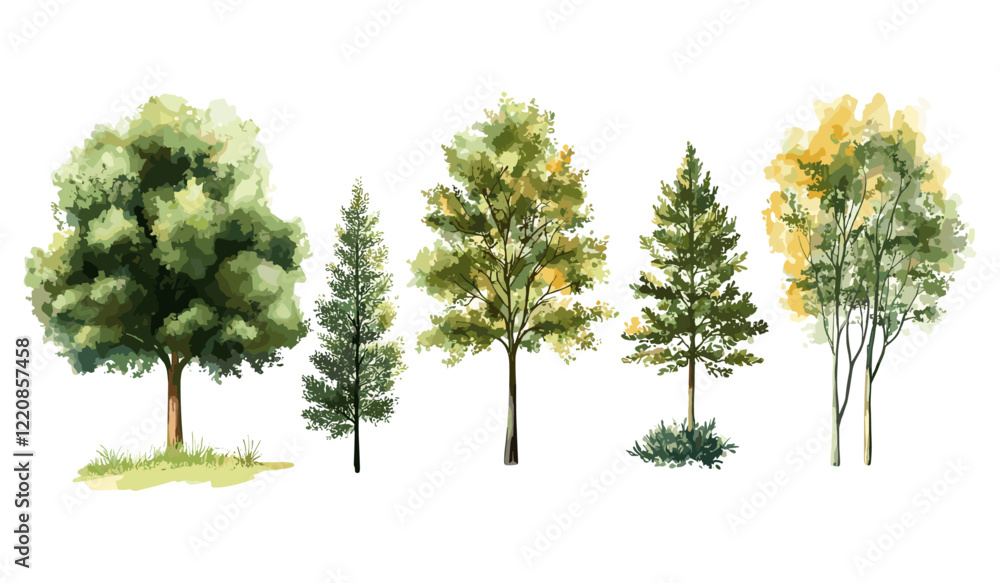 Side view of green tree in watercolor vector illustration, isolated on ...
