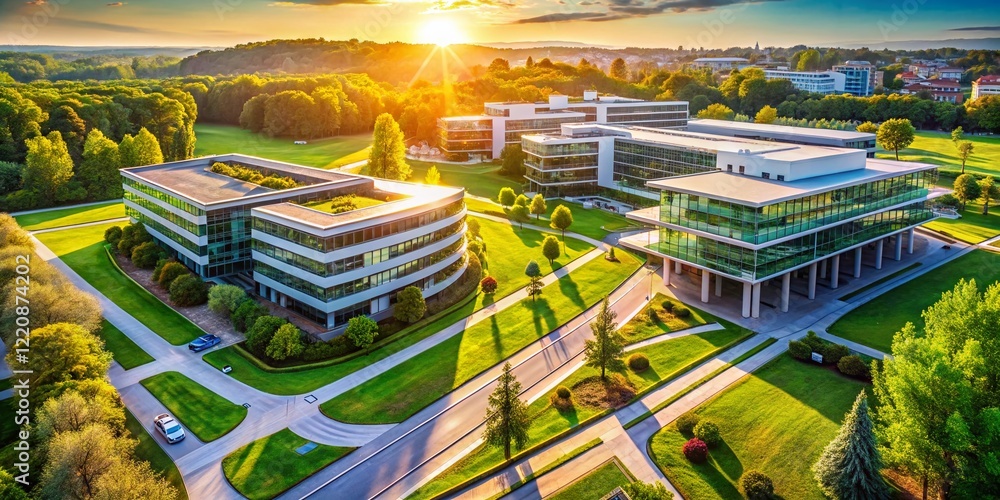 Aerial View of Modern Office Building Complex with Green Spaces ...