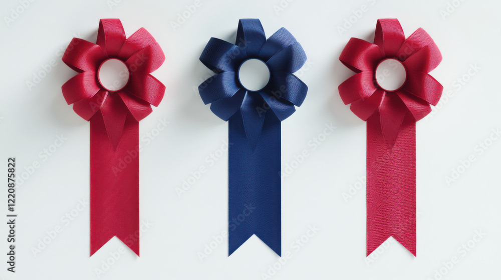 Award ribbons in bold red and navy blue shades create striking display ...
