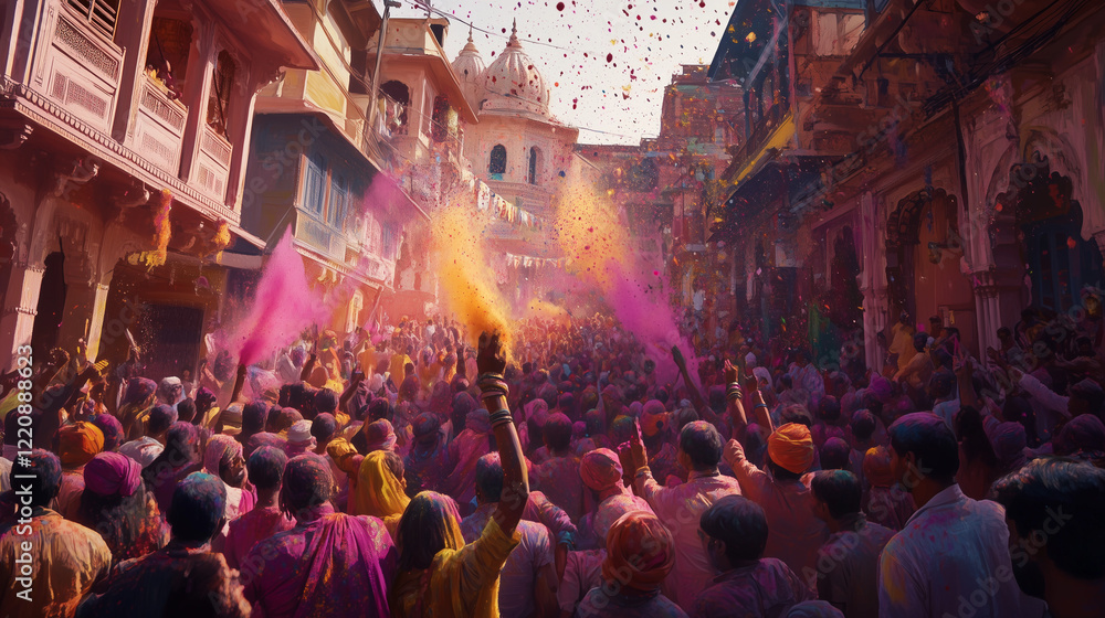 Holi festival in India with crowds of people throwing colorful powder ...