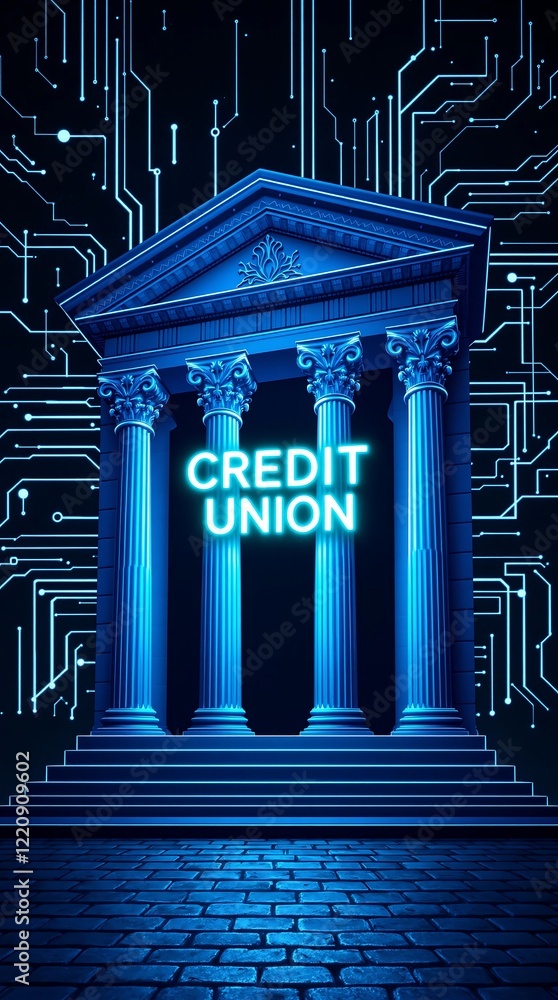 Stone Columns with Credit Union in Neon Lights, Representing Modern ...