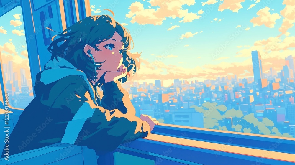 Retro anime skyline, girl gazing from Ferris wheel, soft pastel ...