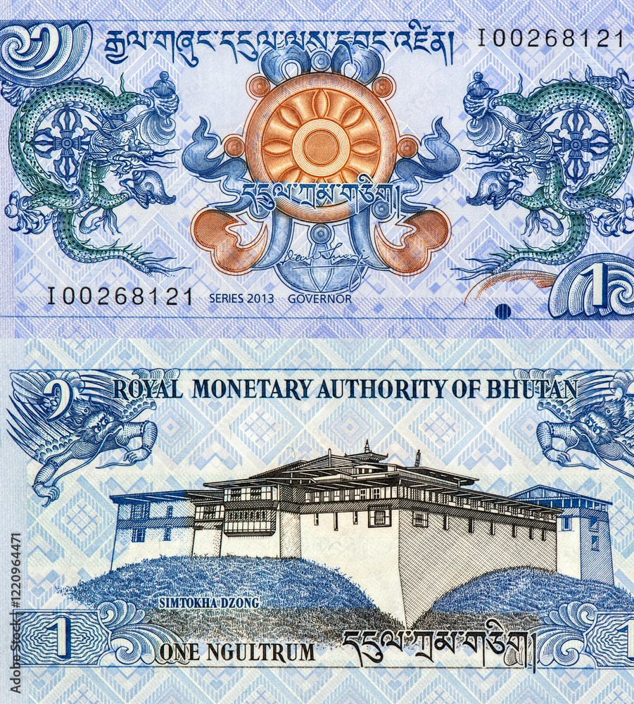 Royal Monetary Authority of Bhutan, Simtokha Dzong*; mythological flying winged human-like ...