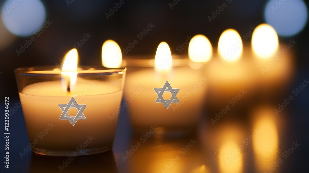 Six glowing candles in a line symbolizing remembrance and hope with a ...