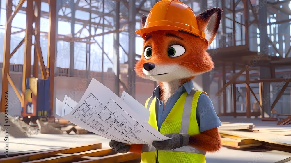 Cartoon Fox Character Wearing Hard Hat Holding Blueprints at ...