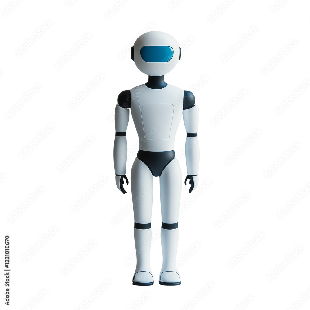 The image shows a full-body view of a simple white humanoid robot ...