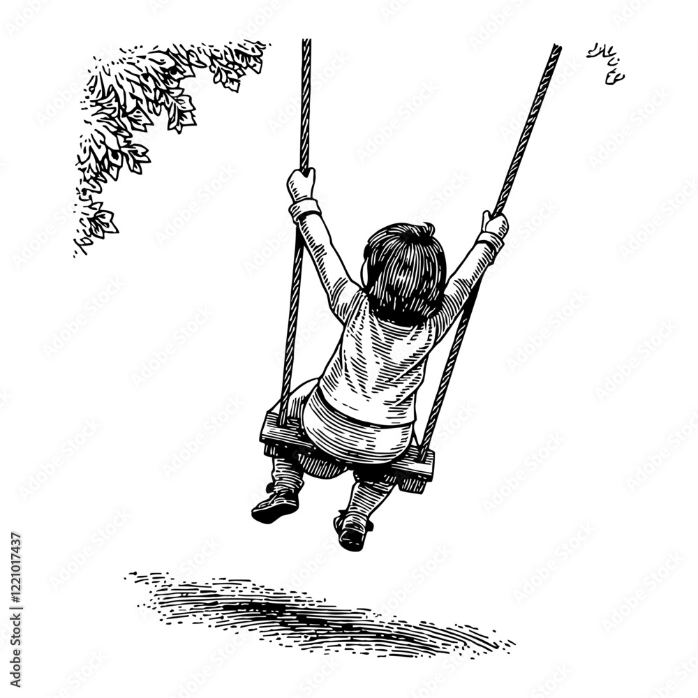 Child Playing on Swing with Back View Black and White Outline Line Art ...