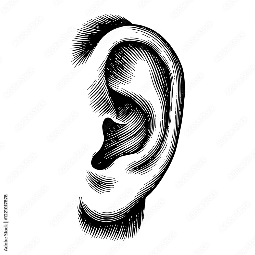 Human Ear Side View Detailed Black and White Outline Line Art Drawing ...