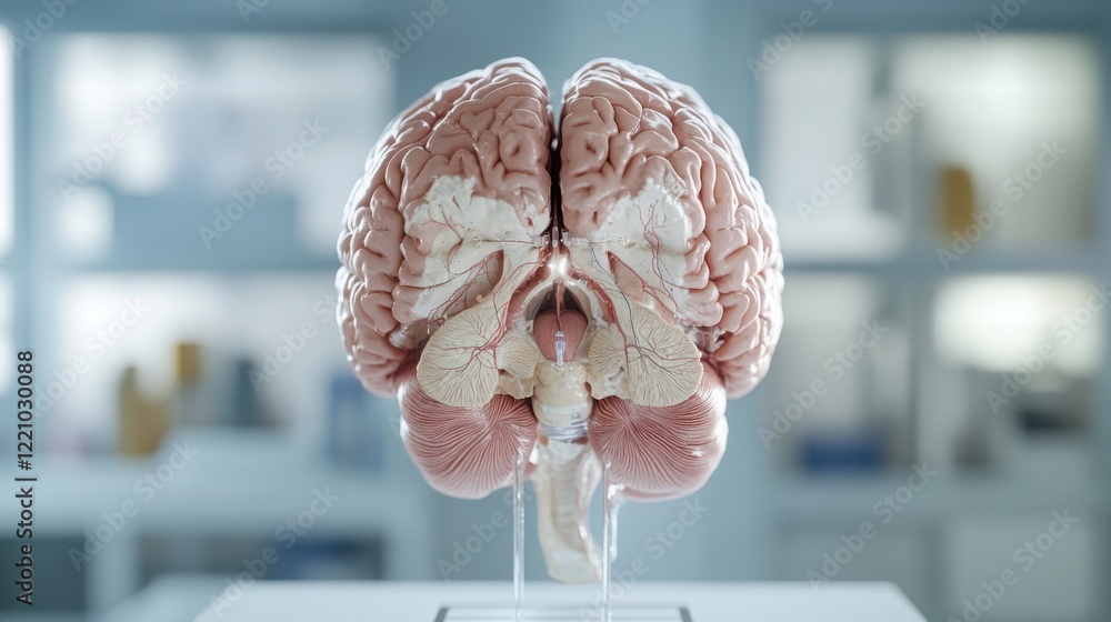 Front view of a 3D brain model with detailed mapping, highlighting key ...