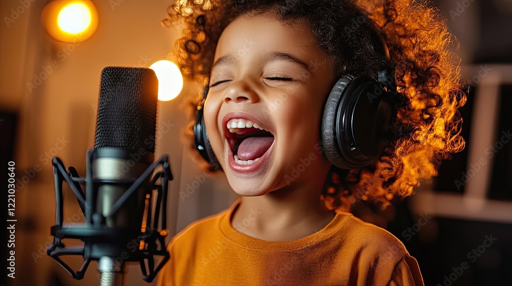 Young child passionately singing with headphones and microphone in ...