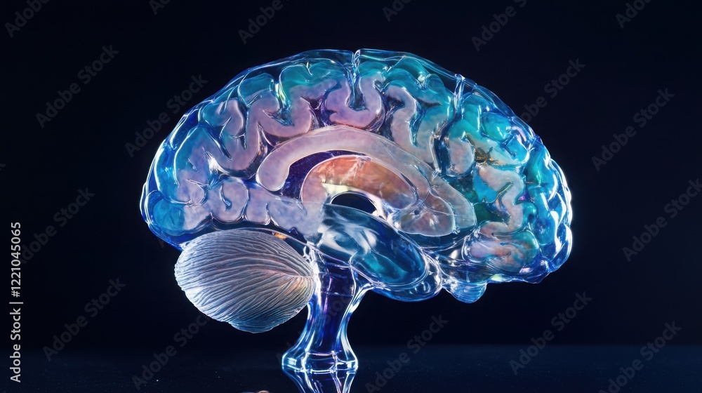 Front view of a 3D brain model showing the regions involved in sleep ...