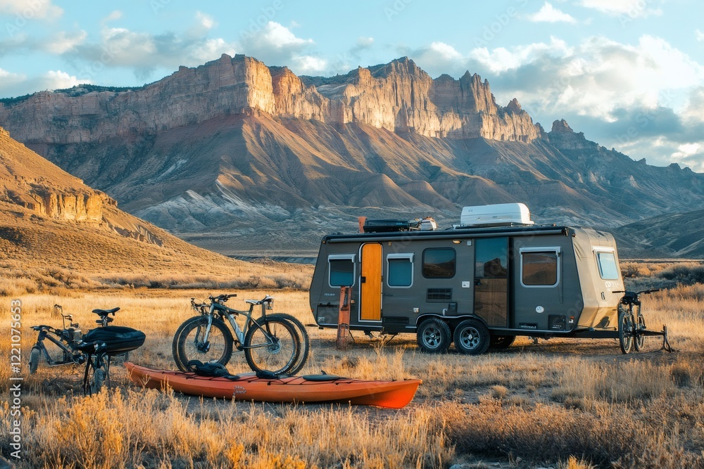 Camper trailer, kayak and bicycles enjoying the sunset in the desert ...