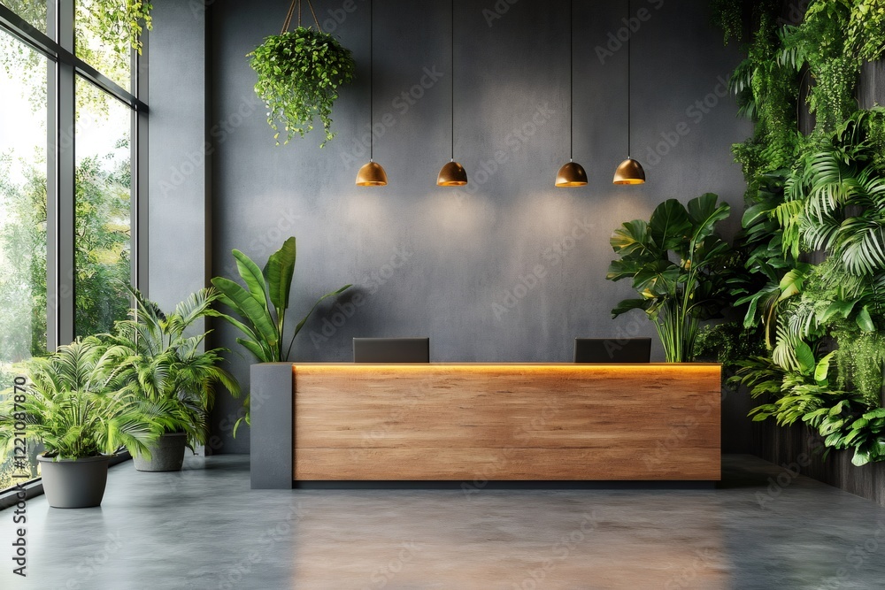 Modern hotel reception interior design with wooden desk and plants ...