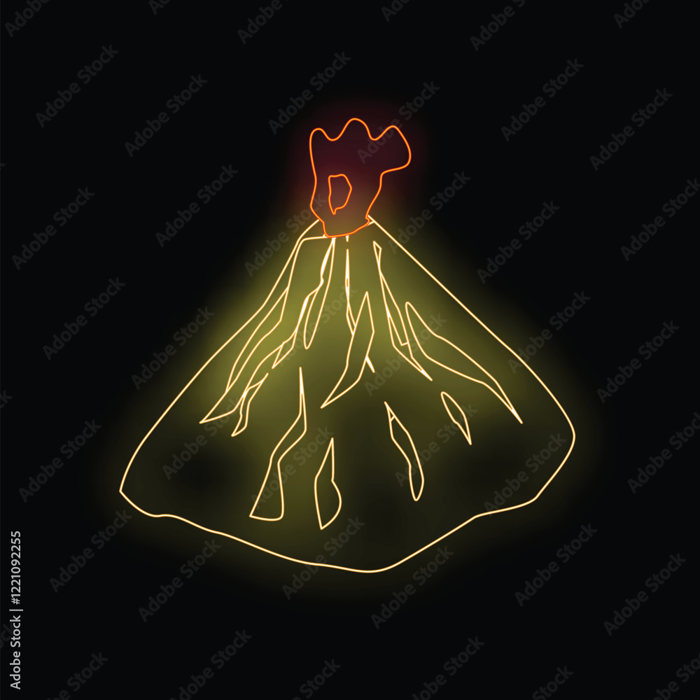 Neon sign depicting a volcano erupting with bright orange and yellow ...
