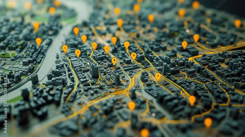 City map with location pins highlighting logistics routes, powered by ...