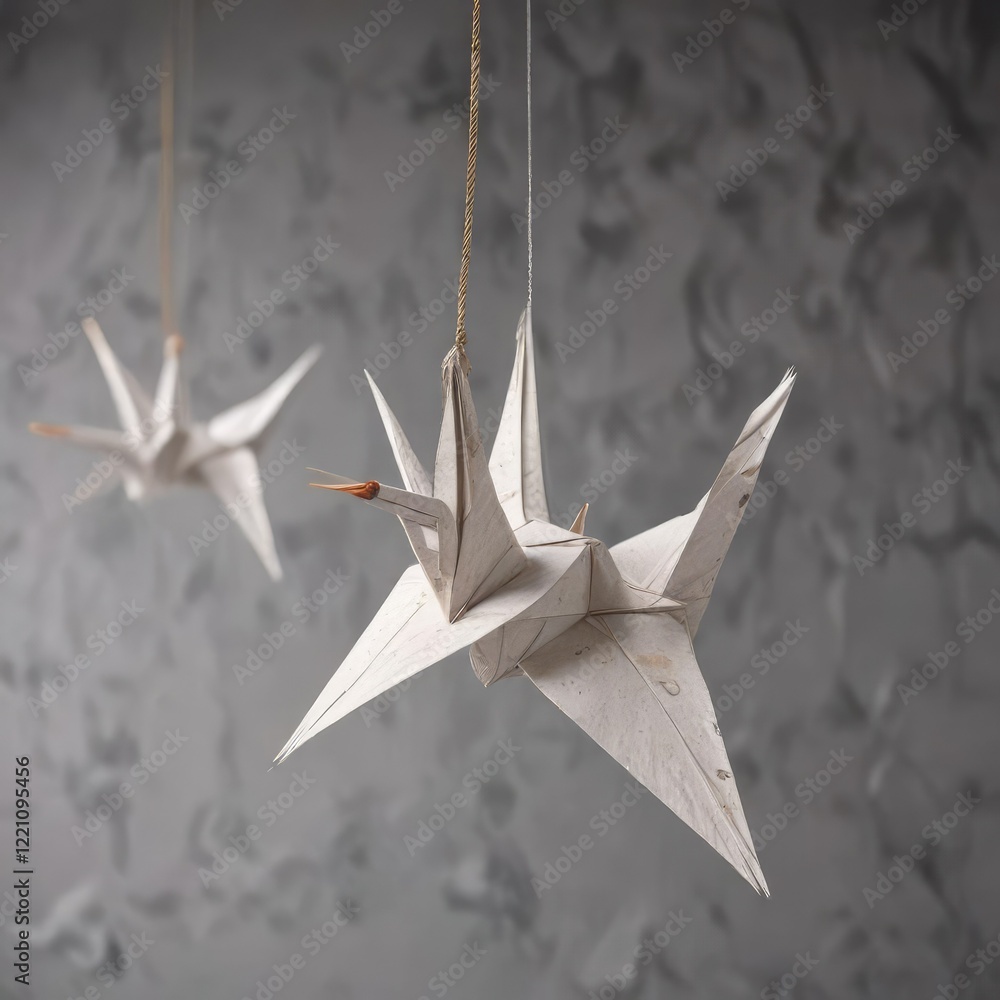 Handmade paper crane made from recycled paper suspended in the air by ...