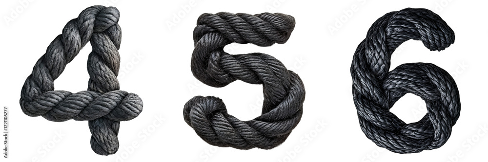 Png of Numbers 4, 5, and 6 made from black twisted rope with a detailed ...