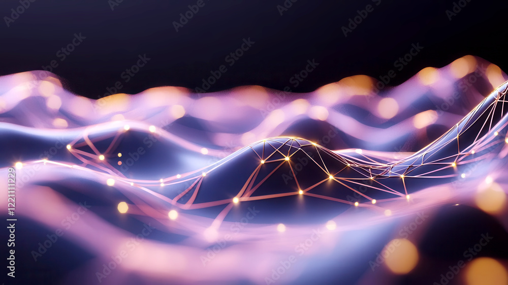 Glowing data points being connected in a complex 3D graph, statistical ...