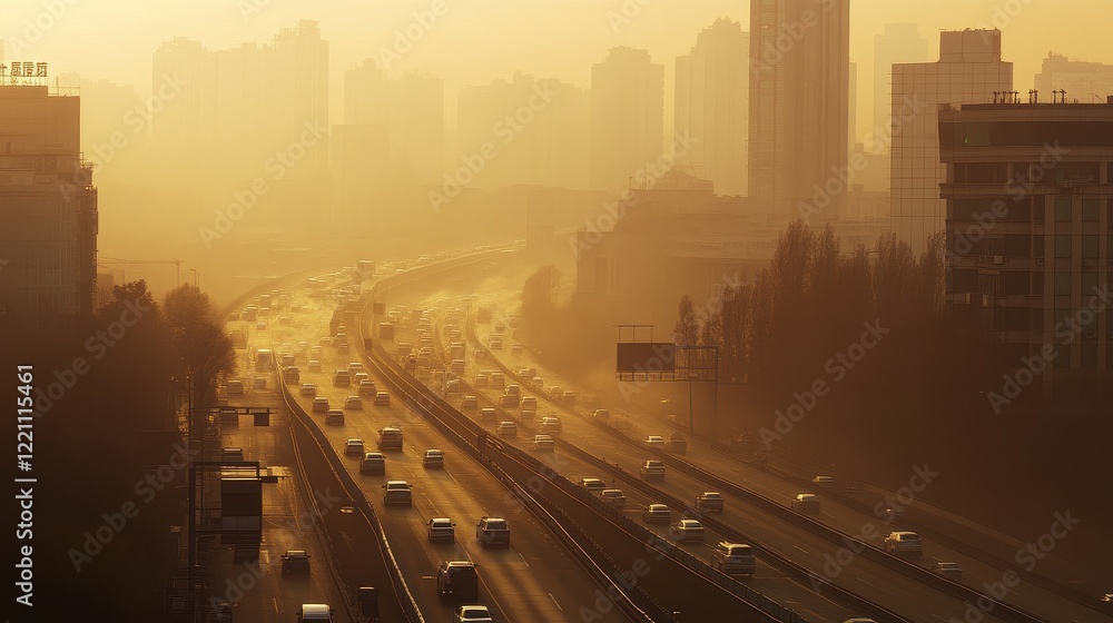 Massive highway system under a dense pollution layer, traffic ...