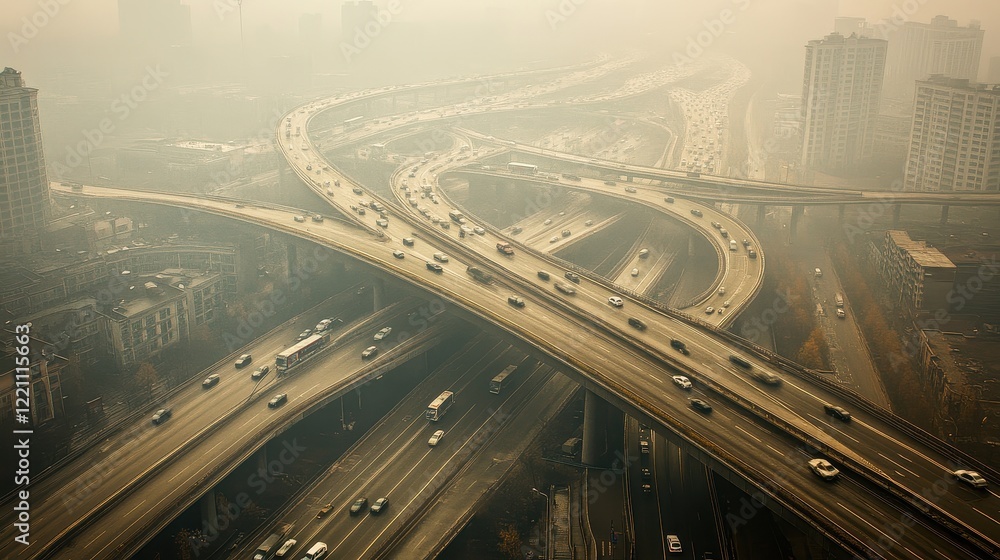 Massive highway system under a dense pollution layer, traffic ...