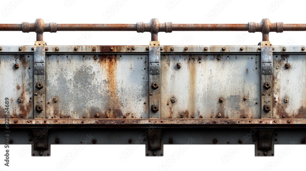 A close-up image showing a section of rusted metal paneling with an ...