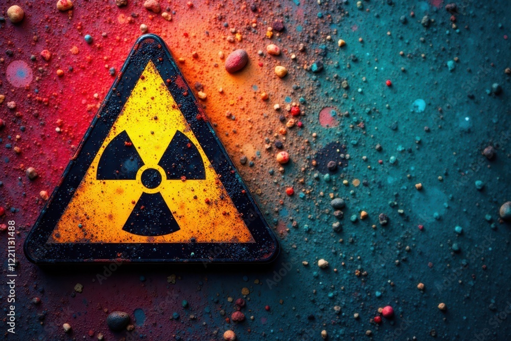 Warning sign with radiation symbol on a background of warning colors ...