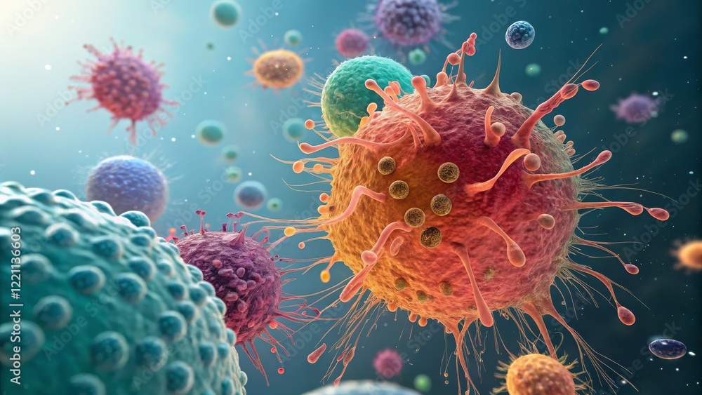 Colorful 3D Render of Cancer Cells Interaction, Microscopic View ...