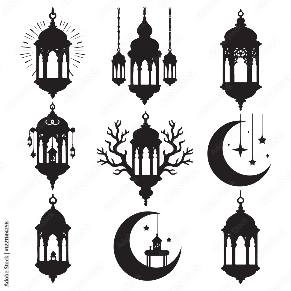 Islamic lantern light vector silhouette, Ramadan Islamic lanterns ...