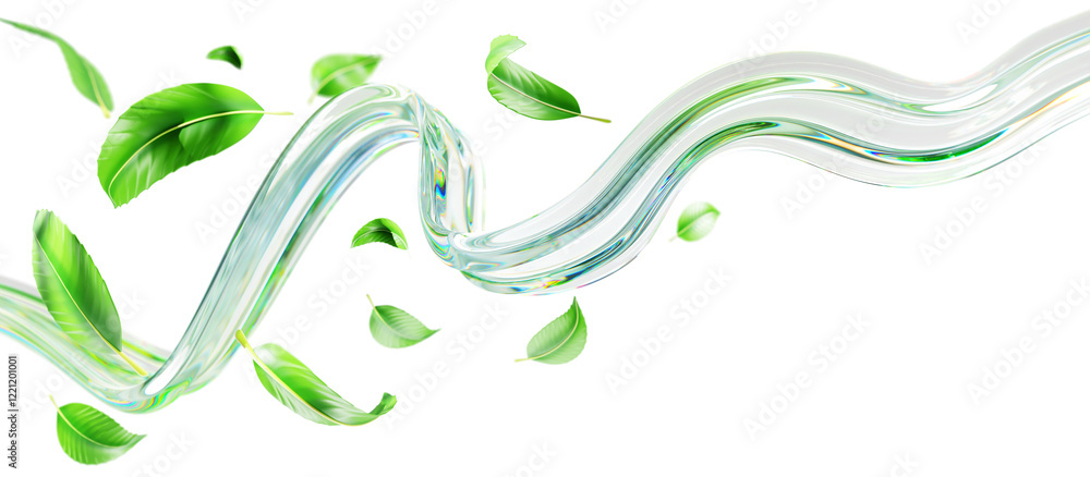 3d water splash with green tea or mint leaves isolated on transparent ...